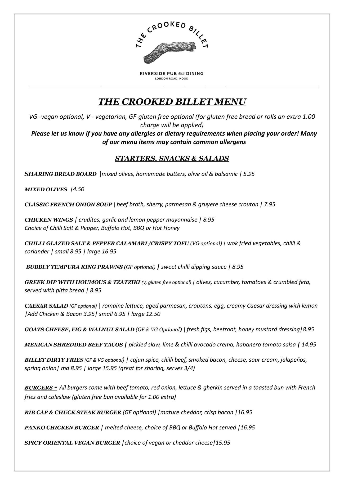 Menus – The Crooked Billet