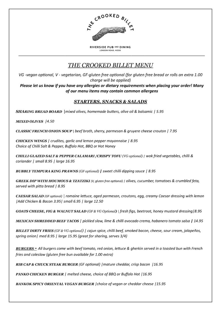 Menus – The Crooked Billet