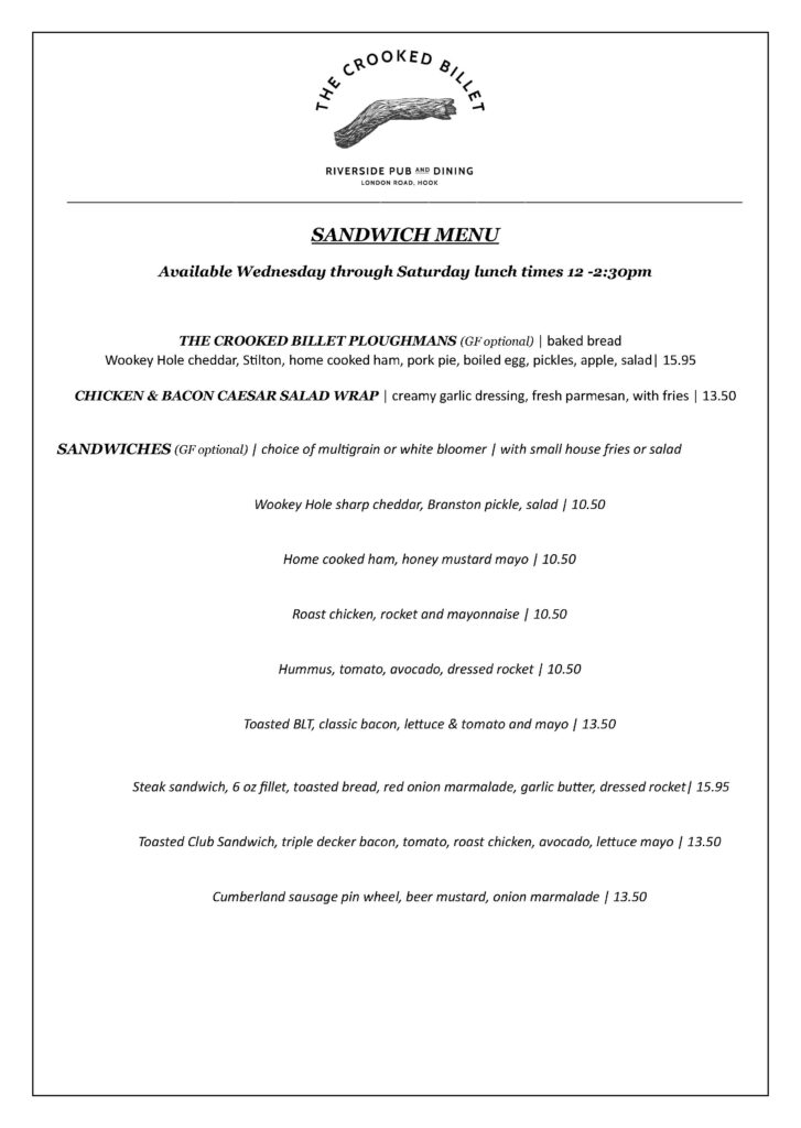 Menus – The Crooked Billet